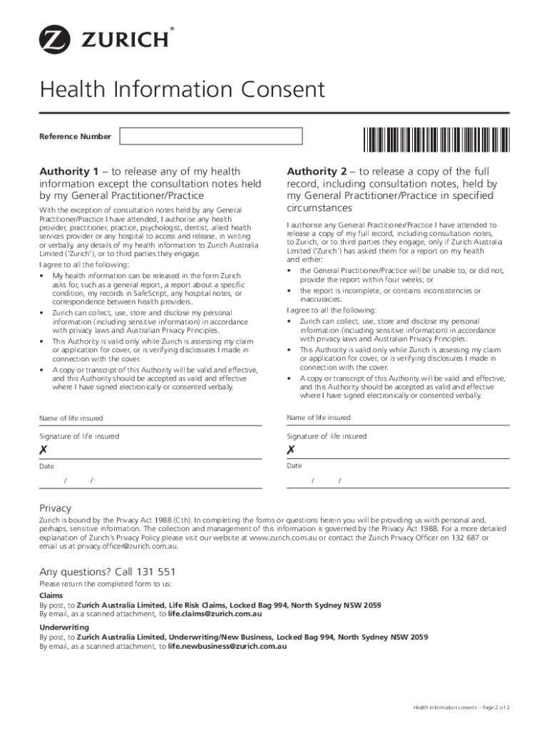 Fillable Online Health Information Consent Form - Advisers - Zurich ...