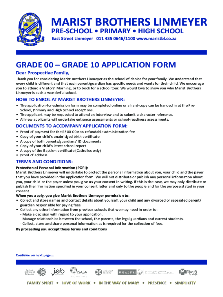 Fillable Online maristbl co GRADE 00GRADE 10 APPLICATION FORM Fax Email ...