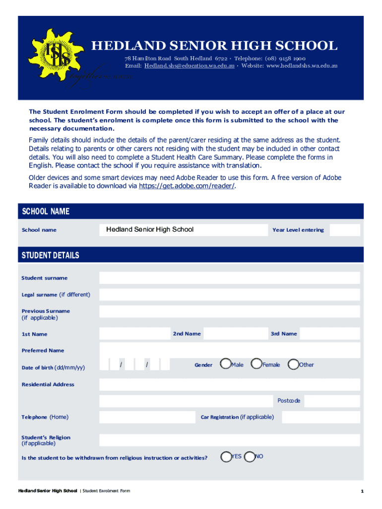 Fillable Online hedlandshs wa edu Hedland Senior High School Student Enrolment Form Fax Email ...