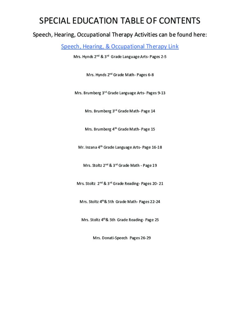 Fillable Online SPECIAL EDUCATION TABLE OF CONTENTS Fax Email Print ...