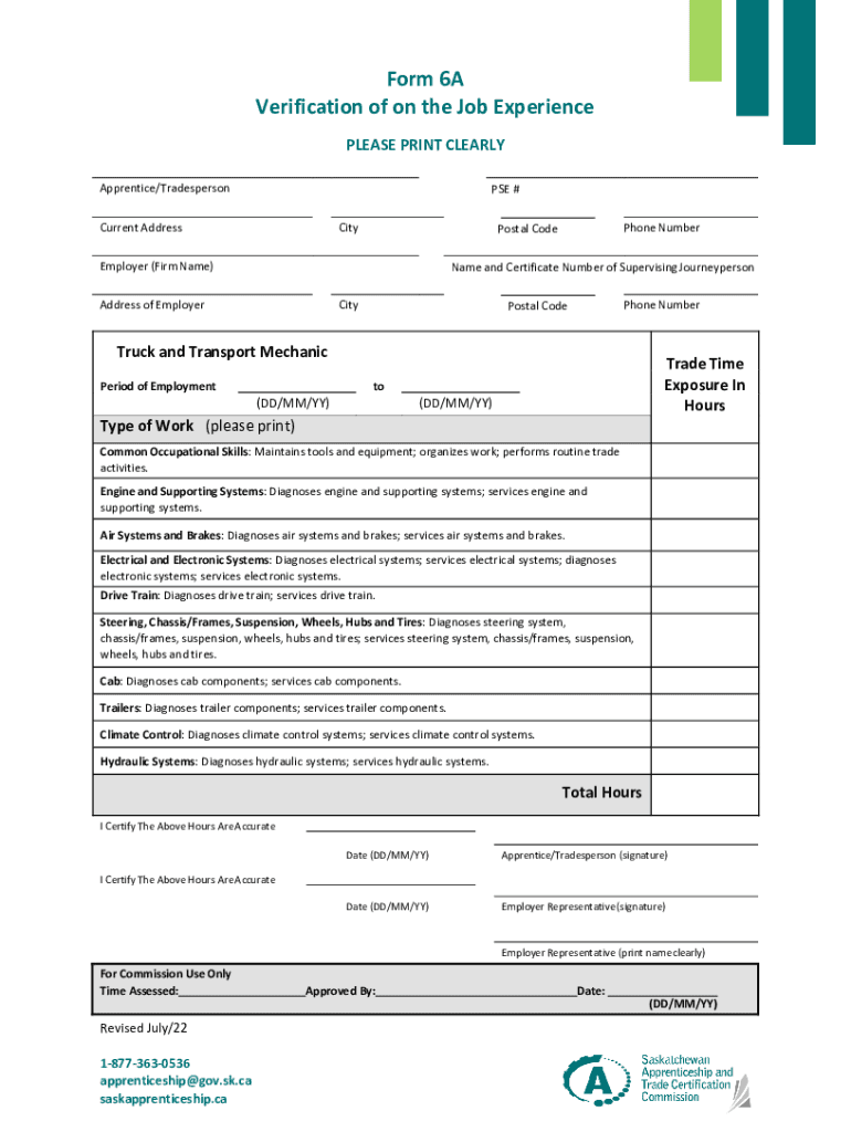 Fillable Online Form 6a Verification Of On The Job Experience Fax Email ...
