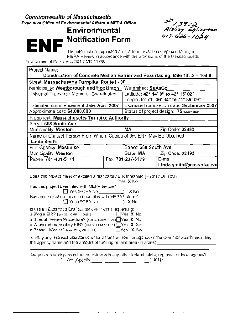 Fillable Online ENVIRONMENTAL NOTIFICATION FORM - Boston Fax Email ...