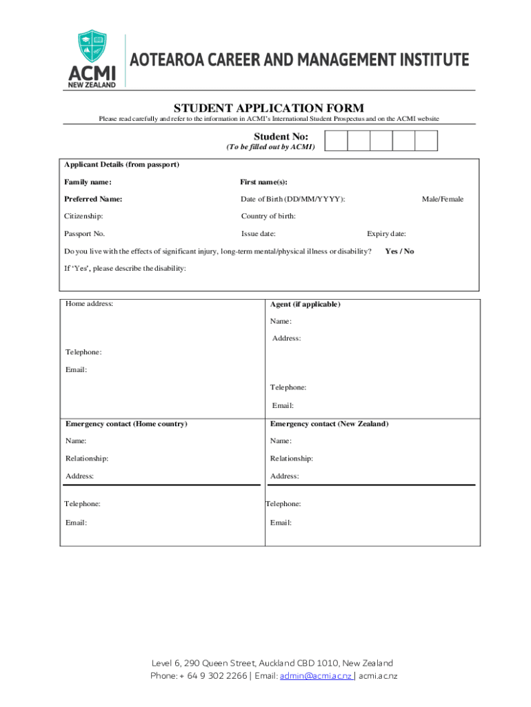 Fillable Online STUDENT APPLICATION FORM - ACMI-Study in New Zealand ...