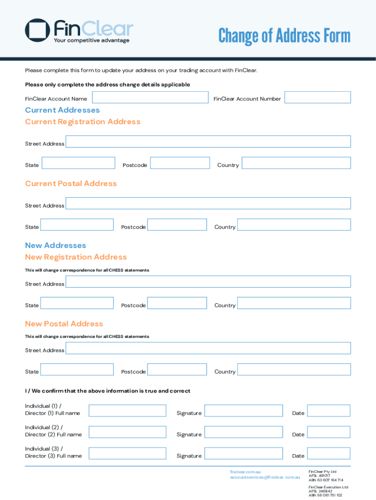 Fillable Online Change of Address Form FinClear Fax Email Print - pdfFiller