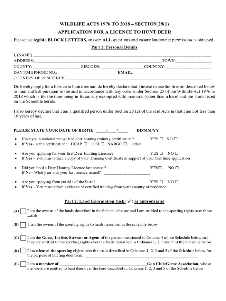 Fillable Online Section 29(1) Application for a Licence to Hunt Deer ...