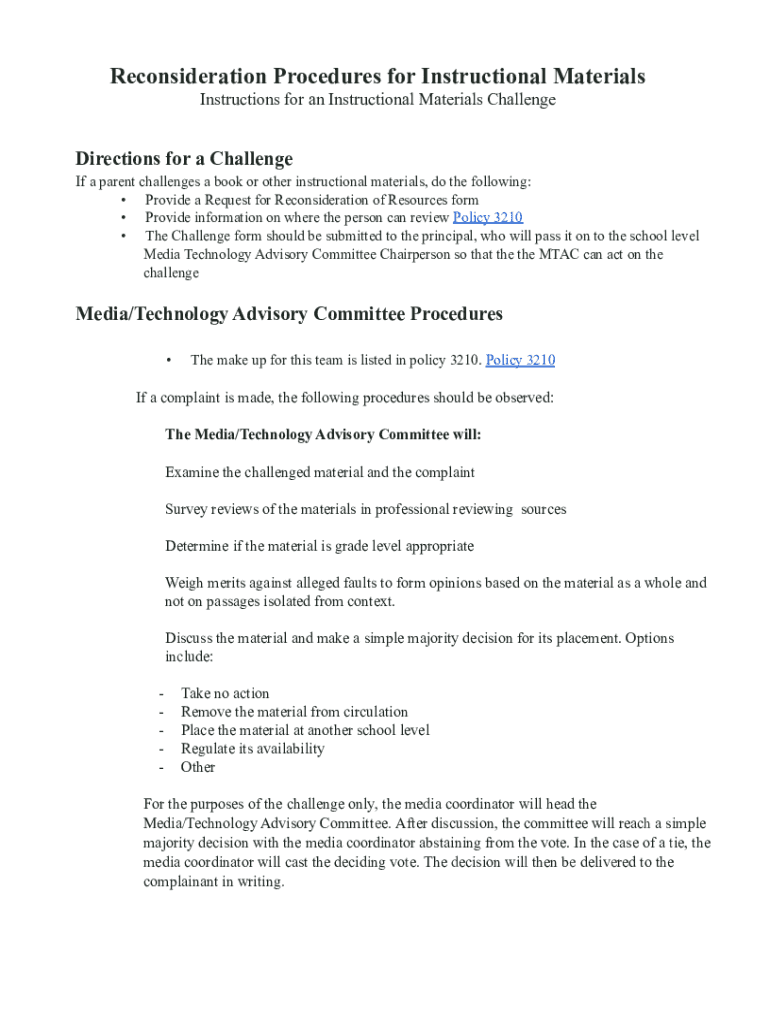 Fillable Online Reconsideration of Instructional Materials and Textbooks Fax Email Print - pdfFiller
