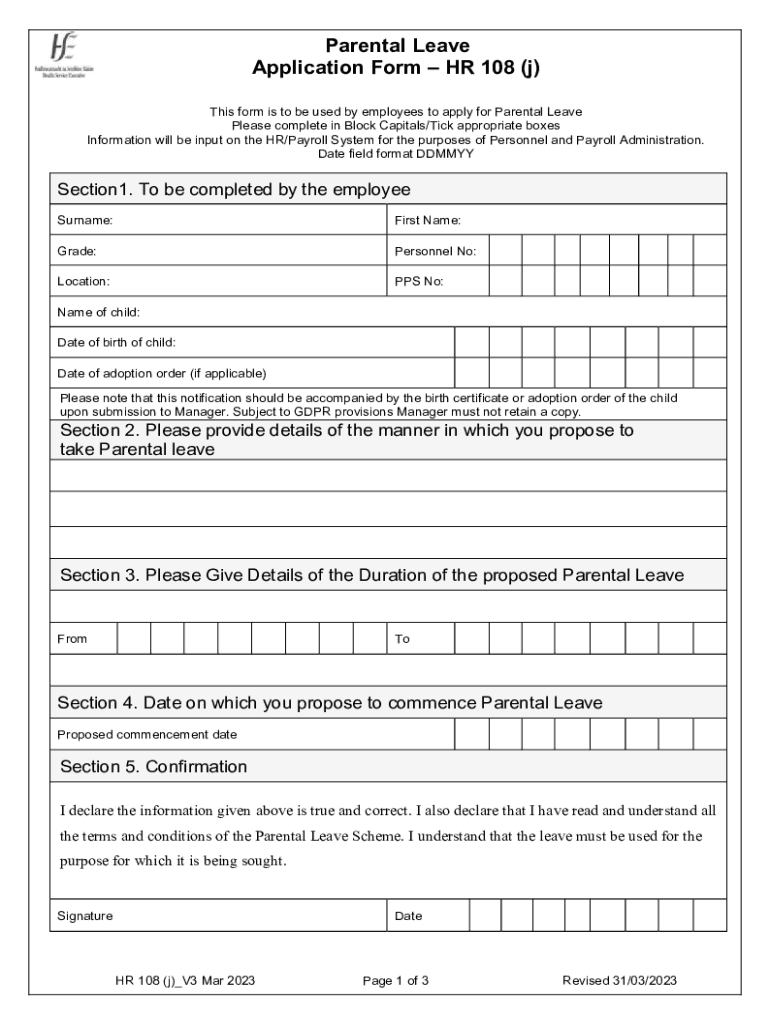 Fillable Online Fillable Hr-108-j-parental-leave-application-form ...
