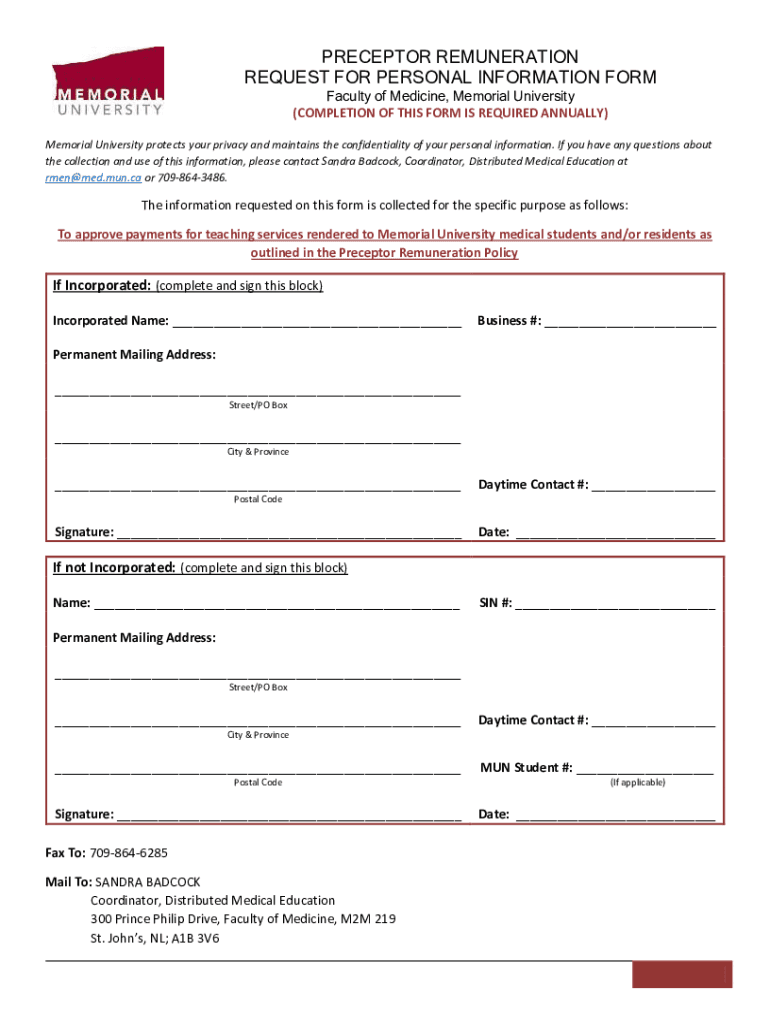 Fillable Online PRECEPTOR REMUNERATION REQUEST FOR ... Fax Email Print ...