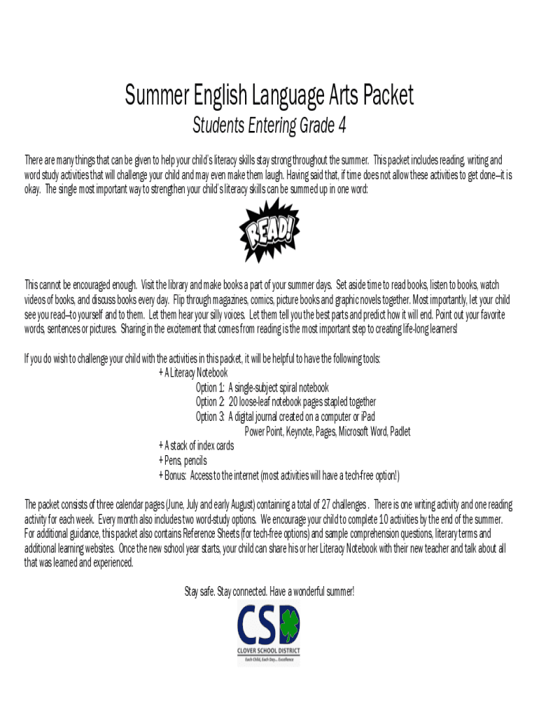 Fillable Online Summer Enrichment Packet For Students Entering Grade 4 ...