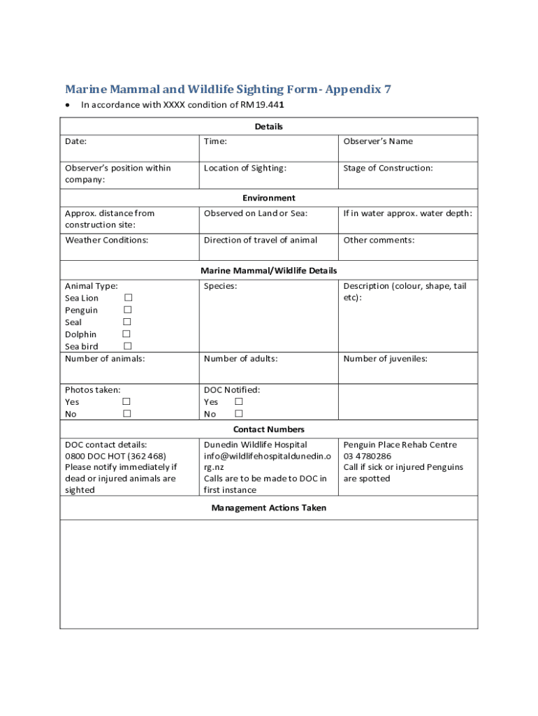Fillable Online Marine Mammal and Wildlife Sighting Form- Appendix 7 ...
