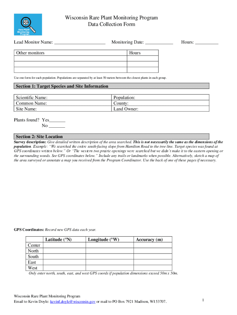 Fillable Online Wisconsin Rare Plant Monitoring Program Data Collection ...