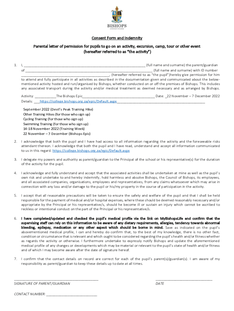 Fillable Online college bishops org FIELD TRIP PARENTAL CONSENT FORM & INDEMNITY ... Fax Email ...