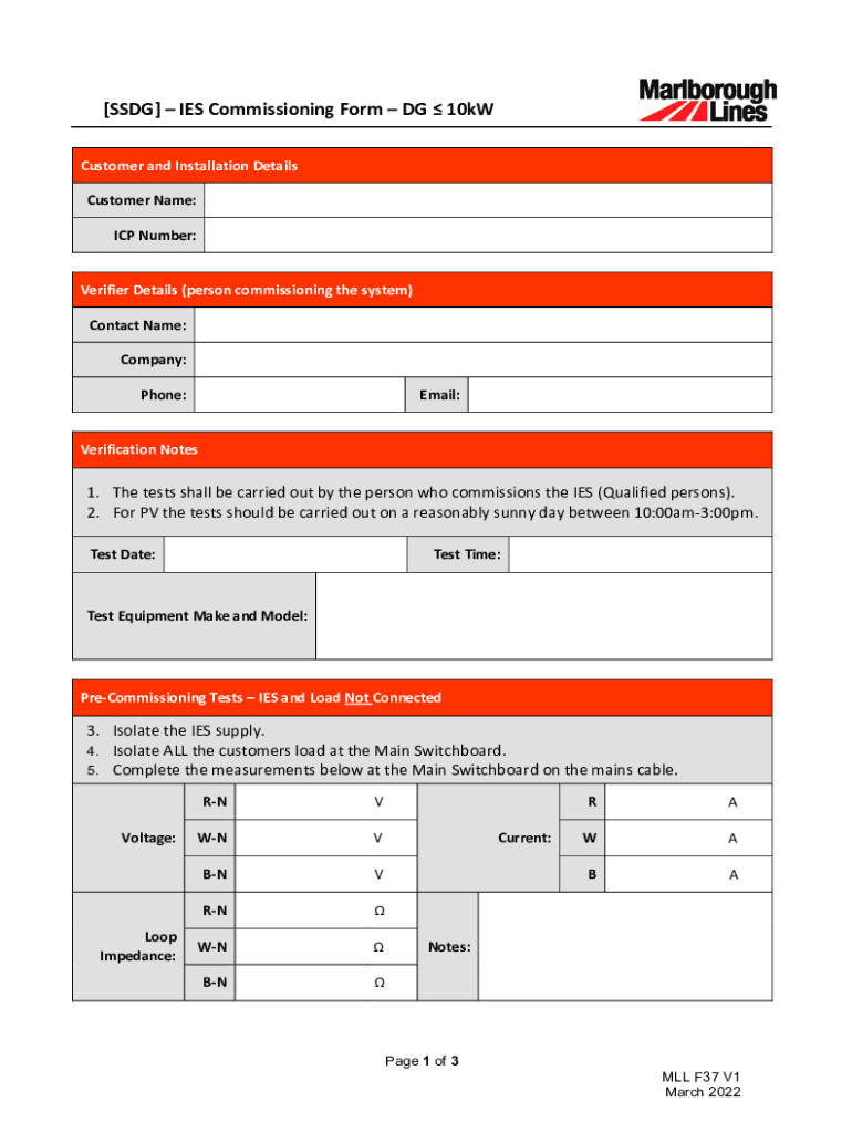 Fillable Online SSDG IES Commissioning Form DG 10kW Fax Email Print ...