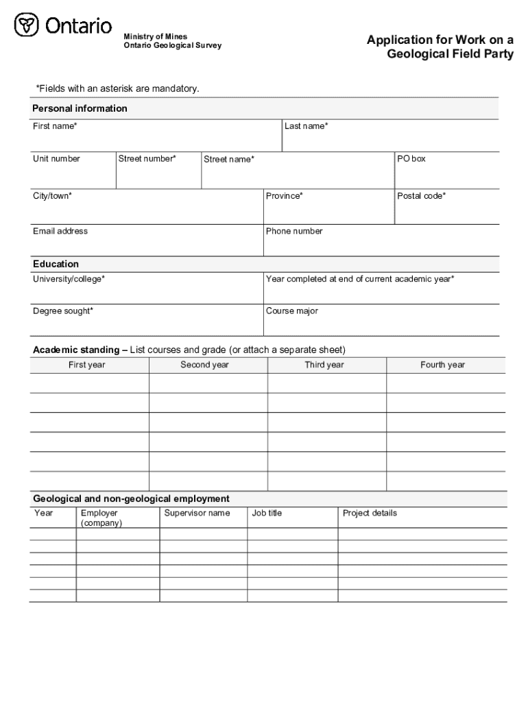 Fillable Online Ontario Geological Survey Field Work - Ministry of ...
