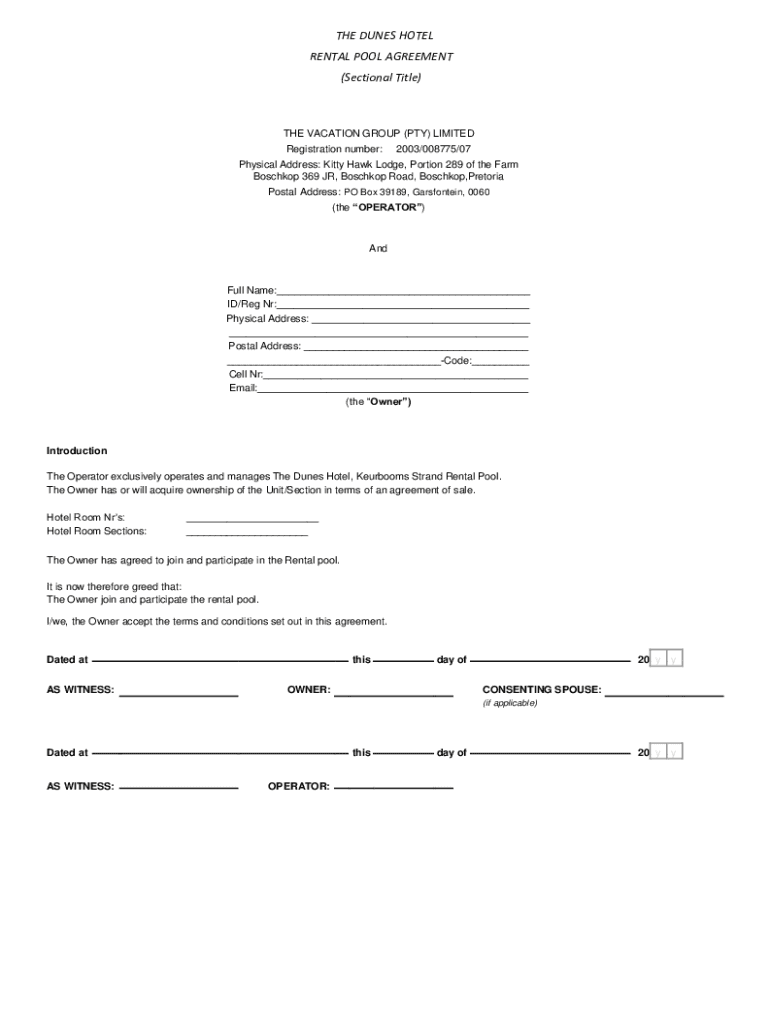 Fillable Online THE DUNES HOTEL RENTAL POOL AGREEMENT ( ... Fax Email ...