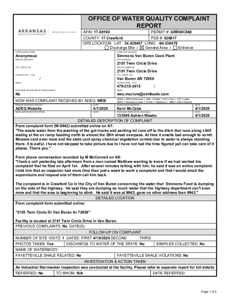 Fillable Online Water-Quality Complaint Investigation Request Fax Email ...