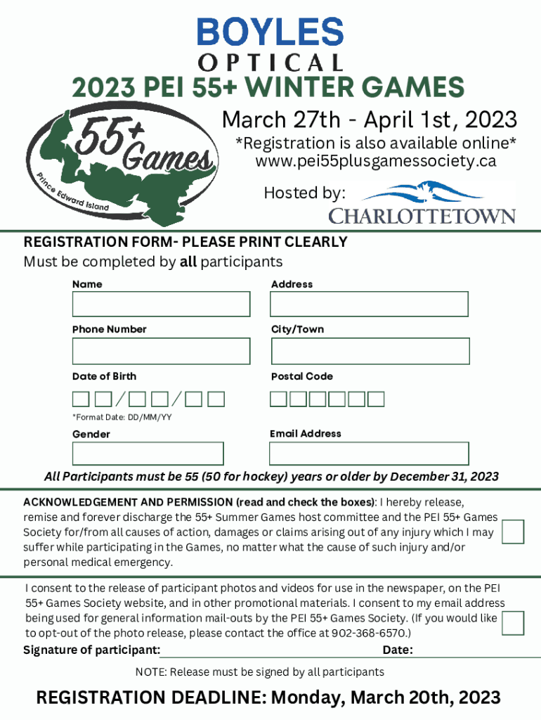 Fillable Online 55+ Winter Games registration form - PEI 55+ Games ...