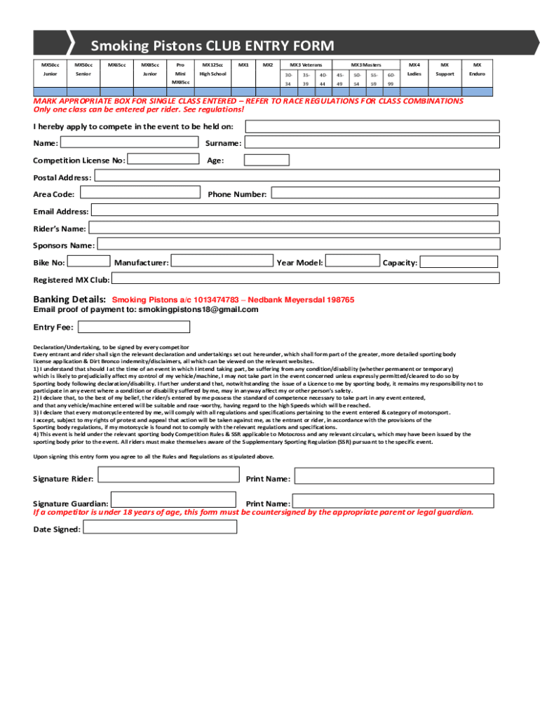 Fillable Online Smoking Pistons CLUB ENTRY FORM Fax Email Print - pdfFiller