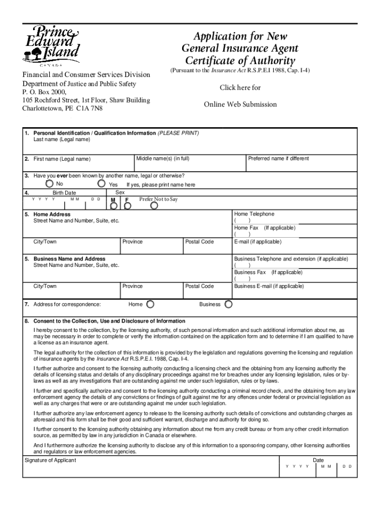Fillable Online Application for General Insurance Agent Certificate of ...