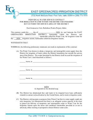 Fillable Online INDIVIDUAL WATER SERVICE CONTRACT FOR IRRIGATION ...