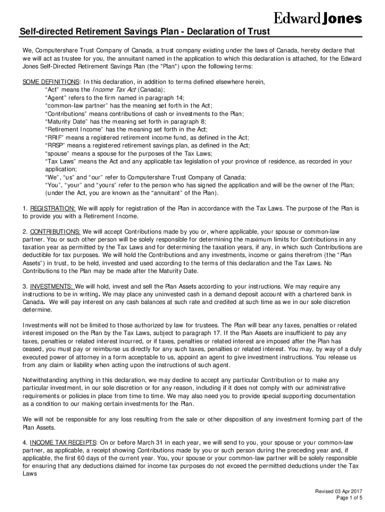 Fillable Online Self-Directed Retirement Savings Plan Declaration Of ...