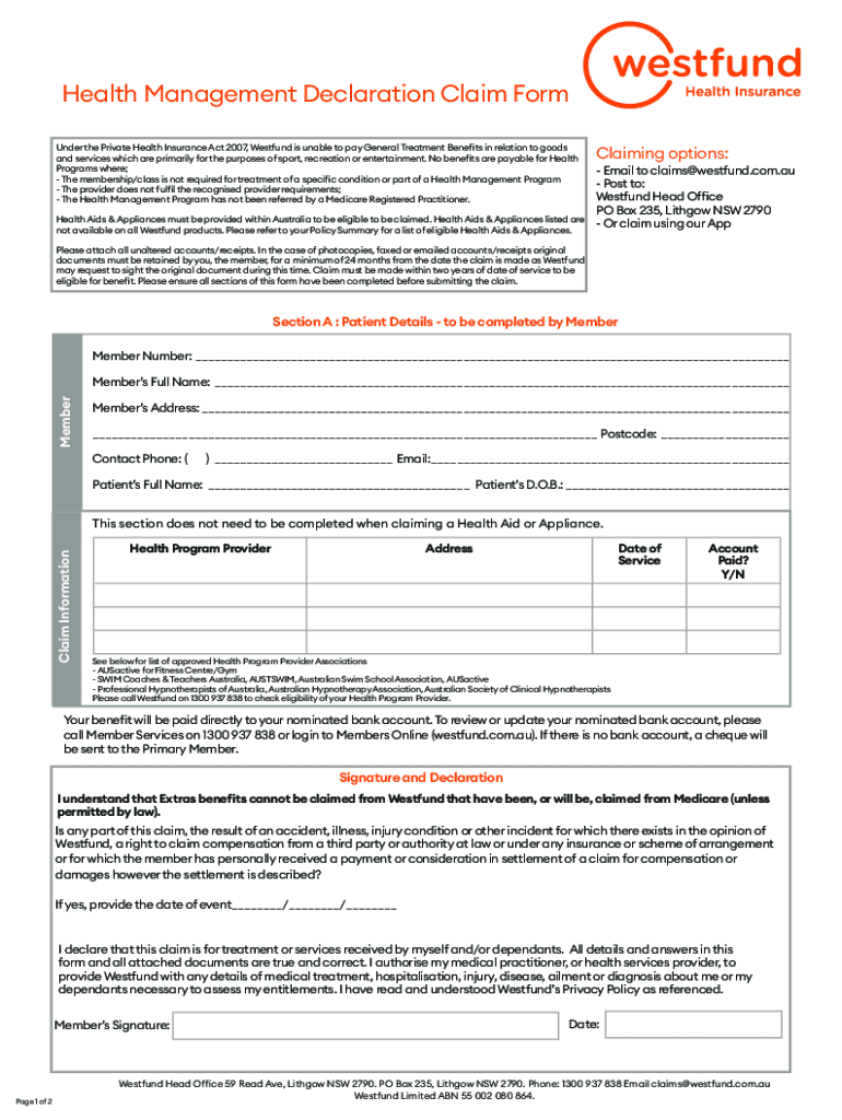 Fillable Online Health Management Declaration Claim Form Fax Email ...
