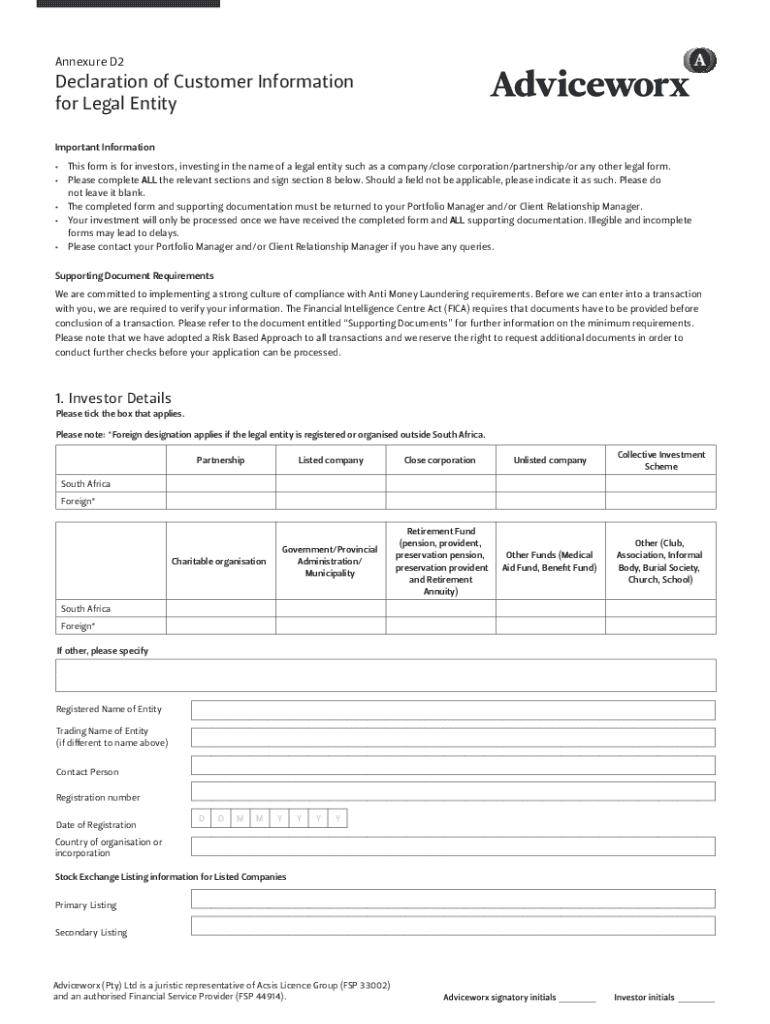 Fillable Online Declaration of Customer Information for Legal Entity ...