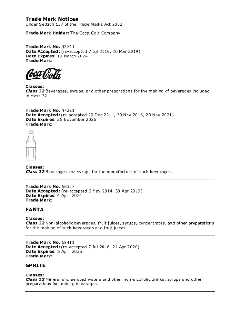 Fillable Online COCA-COLA Trademark of Coca Cola Company, The Fax Email ...