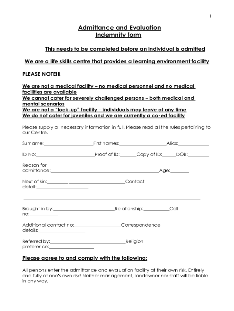 Fillable Online Admittance and Evaluation Indemnity form Fax Email ...
