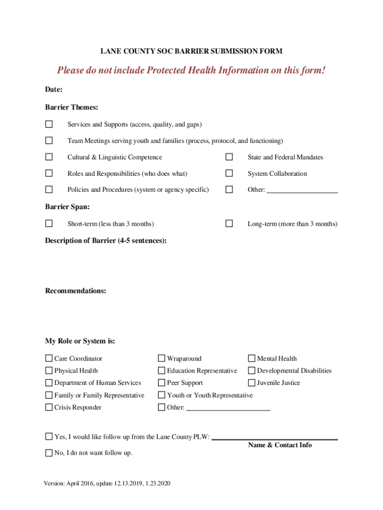 Fillable Online lane county system of care wraparound barrier ...