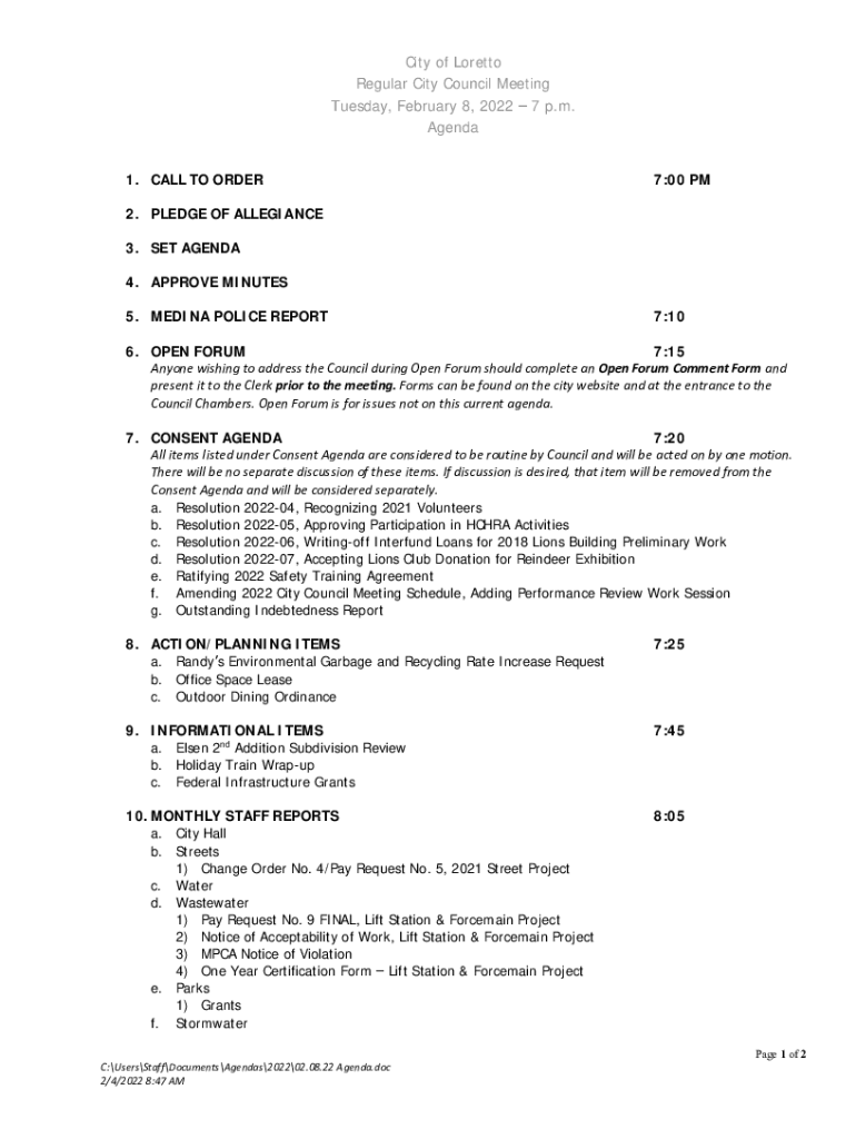 Fillable Online 1. Call to Order 2. Pledge of Allegiance 3. Consent ...