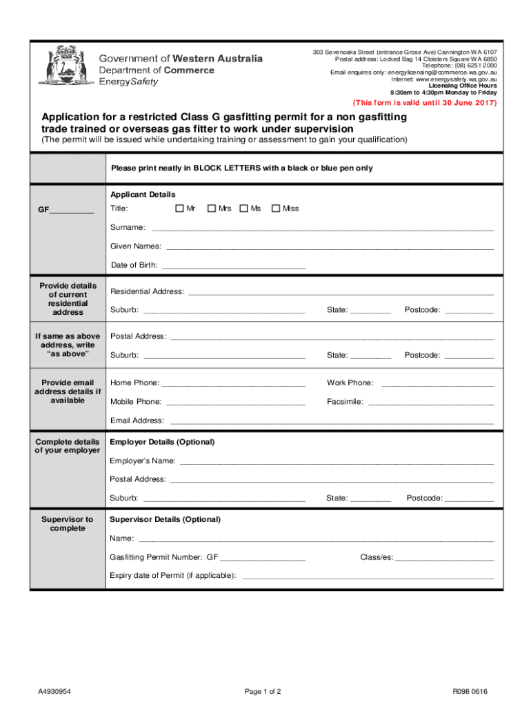 Fillable Online Application for a restricted Class G gasfitting permit for a ... Fax Email Print ...