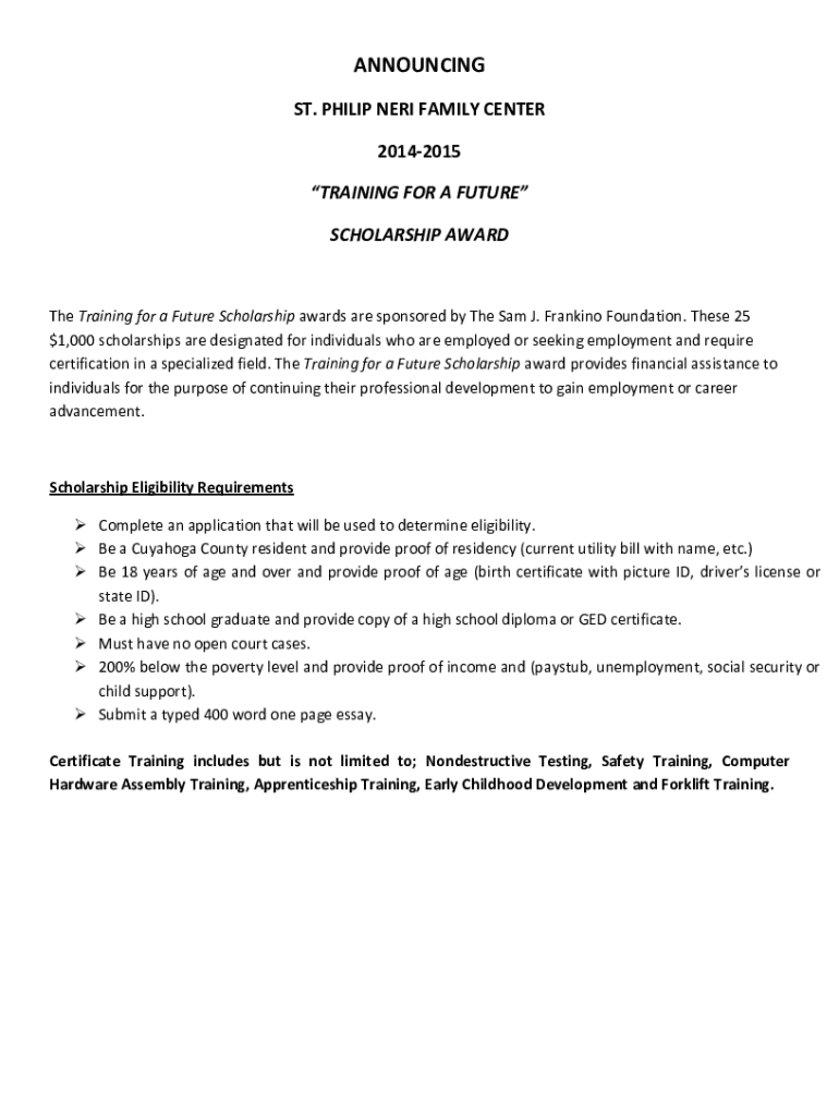 Fillable Online St. Philip Neri Family Center Scholarship Award Fax Email Print - pdfFiller