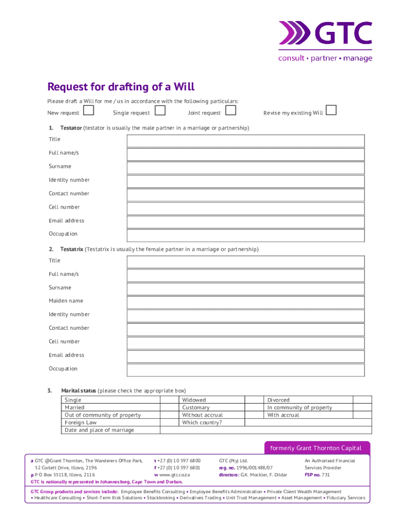 Fillable Online Request for drafting of a Will GTC Fax Email Print ...
