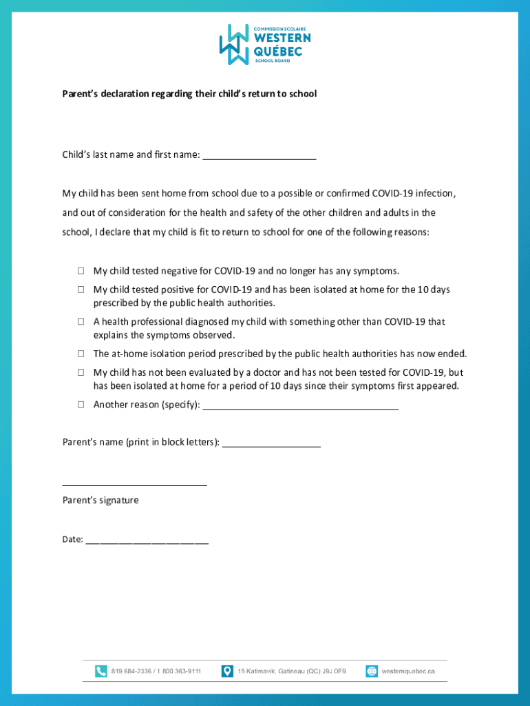 Fillable Online Parent's declaration regarding their child's return to ...