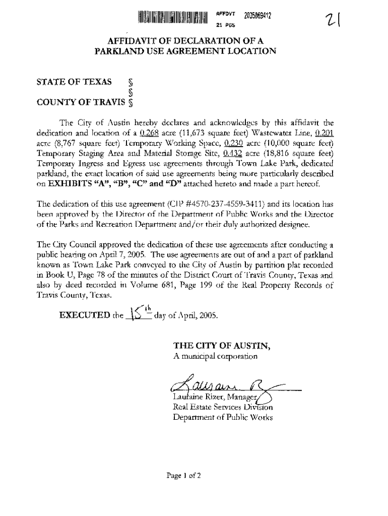 Fillable Online ftp ci austin tx AFFIDAVIT OF DECLARATION OF A PARKLAND ...