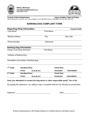Fillable Online BARKING DOG COMPLAINT FORM Reporting Party Information ...