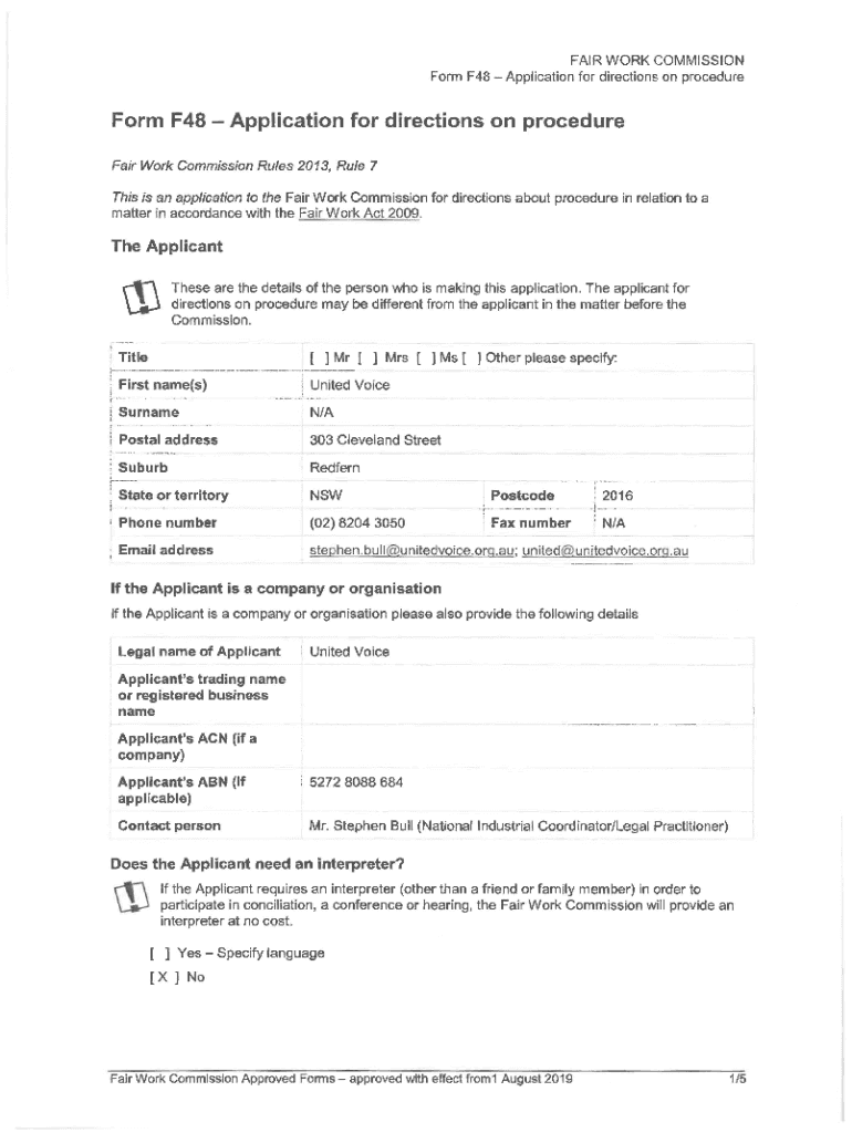 Fillable Online Form F48 -Application for directions on procedure Fax ...