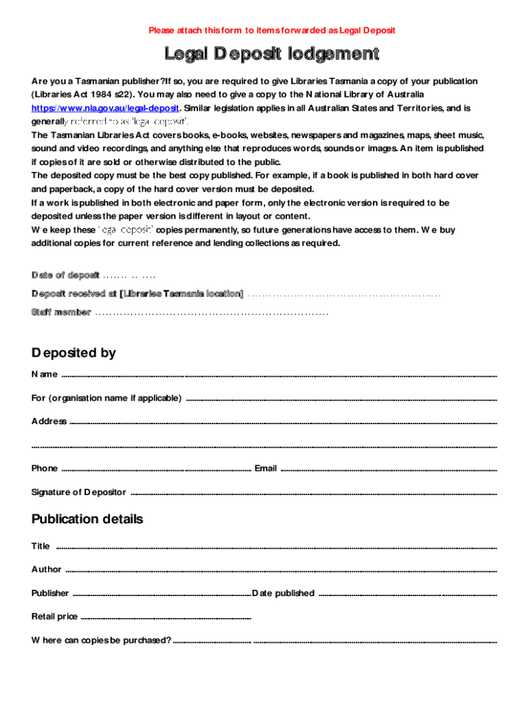 Fillable Online Legal deposit lodgement form - Libraries Tasmania Fax ...