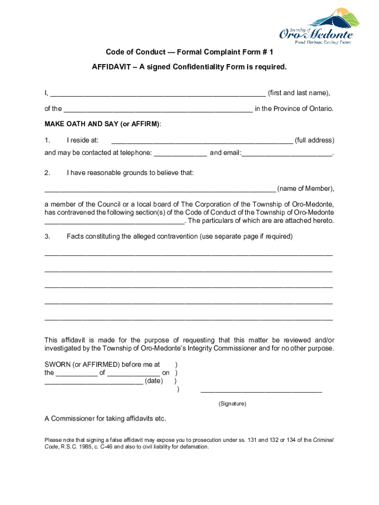 Fillable Online Code of ConductFormal Complaint Form # 1 AFFIDAVIT Fax ...