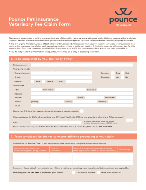 Fillable Online Pounce Pet Insurance Veterinary Fee Claim Form Fax ...