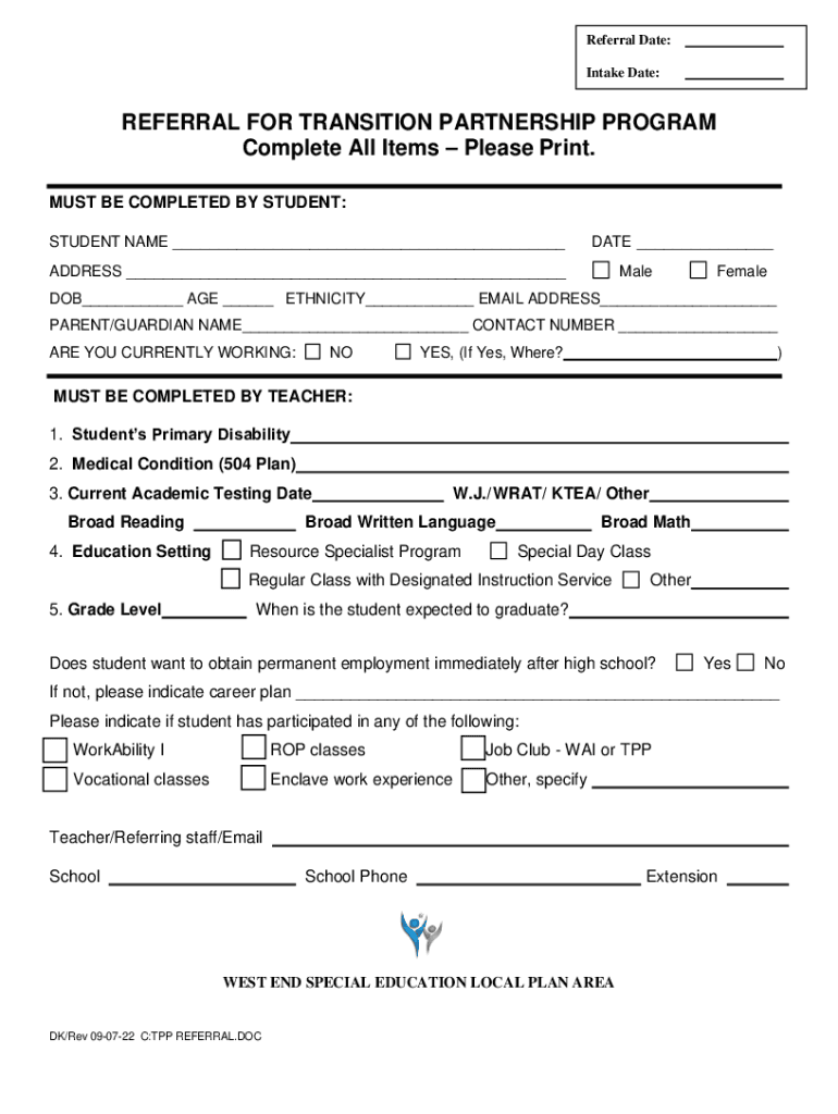 Fillable Online weselpa sbcss k12 ca TPP TRANSITION PARTNERSHIP PROGRAM ...
