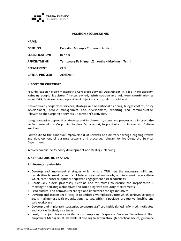 Fillable Online Executive Manager Job Description Template Fax Email ...