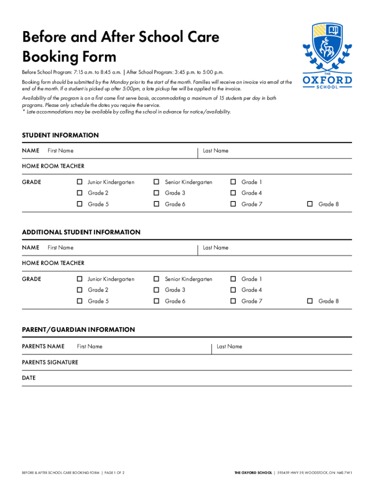 Fillable Online Before and After School Care Booking Form Fax Email ...