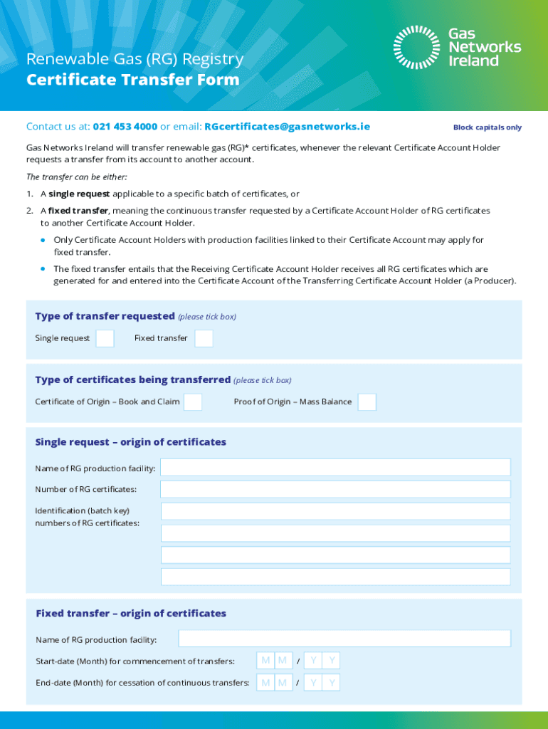 Fillable Online Renewable Gas (RG) Registry Certificate Transfer Form ...