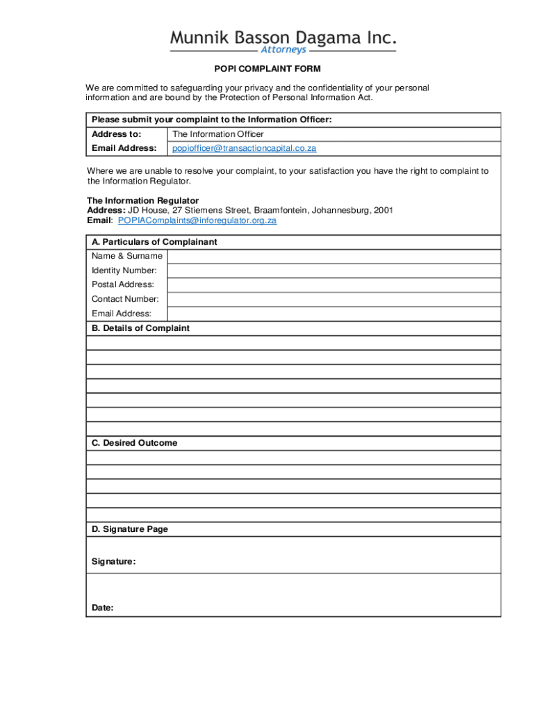 Fillable Online POPI Complaint Form - Mangrove Fax Email Print - pdfFiller