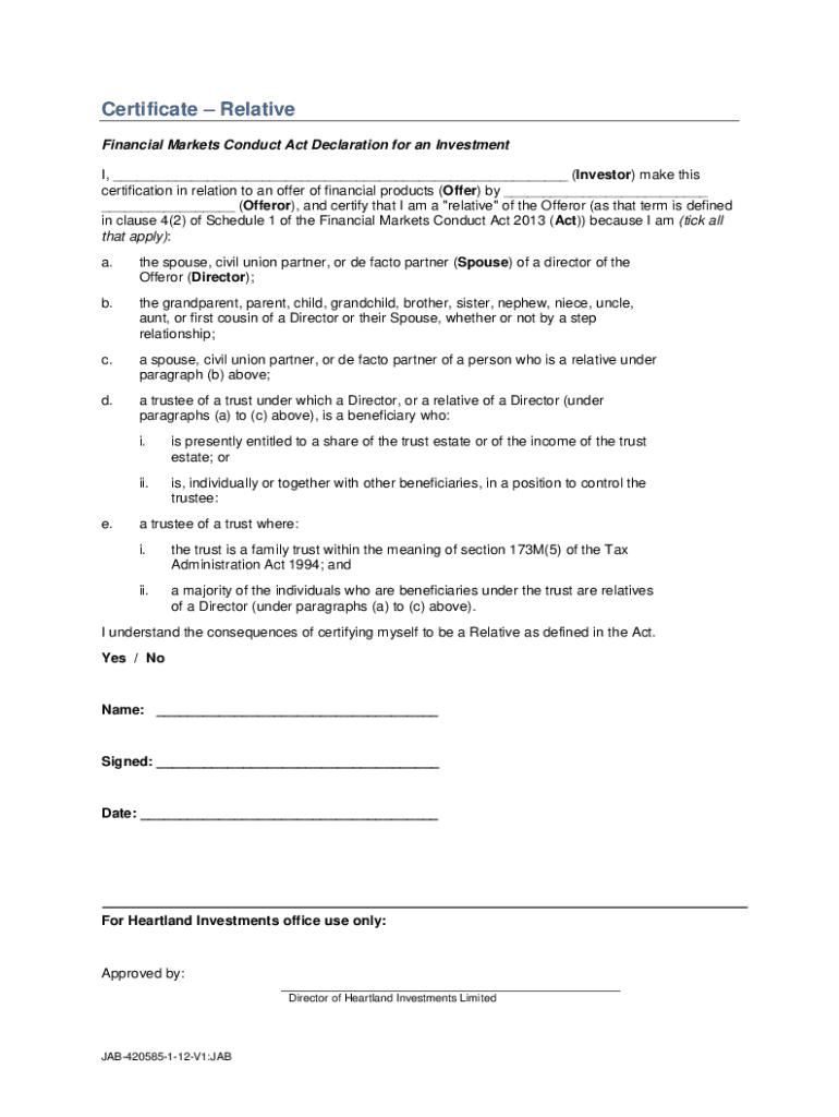 Fillable Online heartlandinvestments co Certificate of Relative ...
