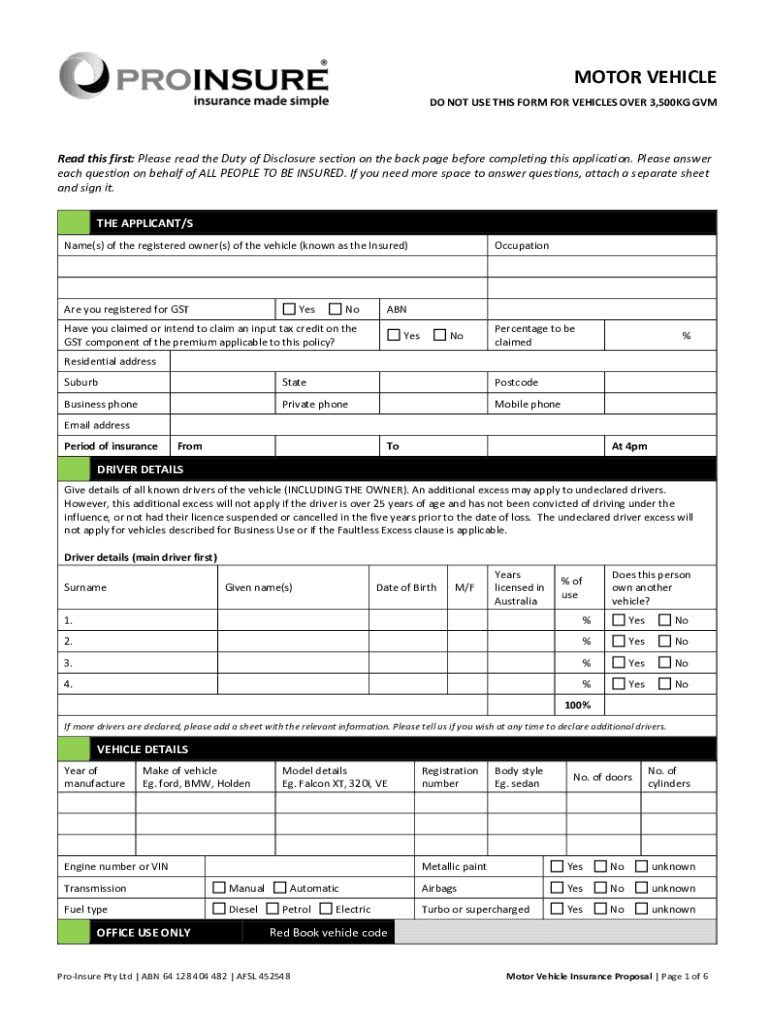 Fillable Online Proinsure-motor-vehicle-proposal-form Fax Email Print ...