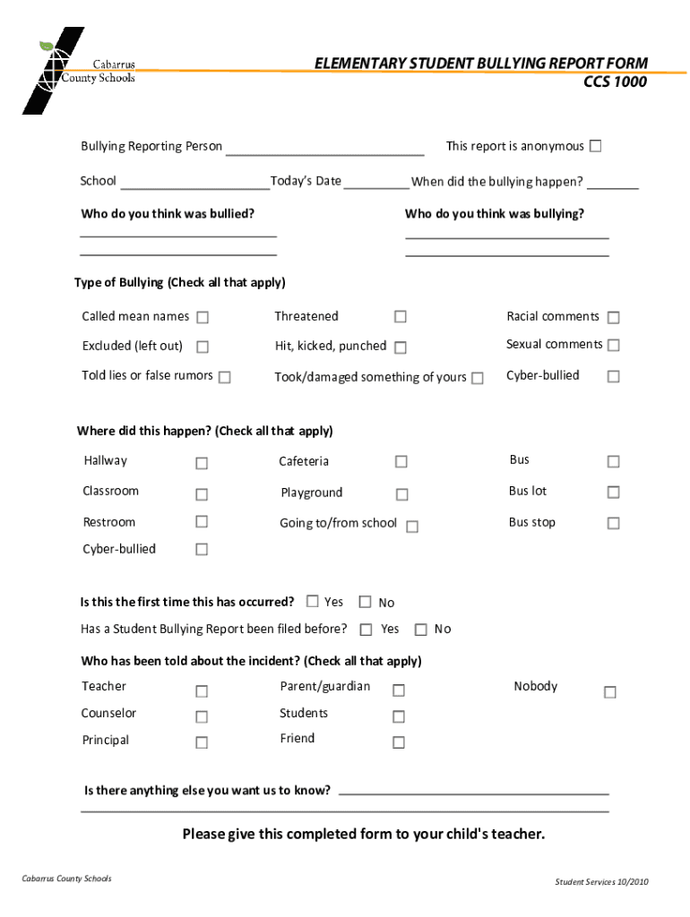 Fillable Online ccs 1000 elementary student bullying report form Fax ...