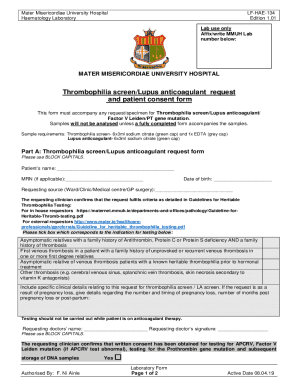 Fillable Online Thrombophilia screen/Lupus anticoagulant request and ...